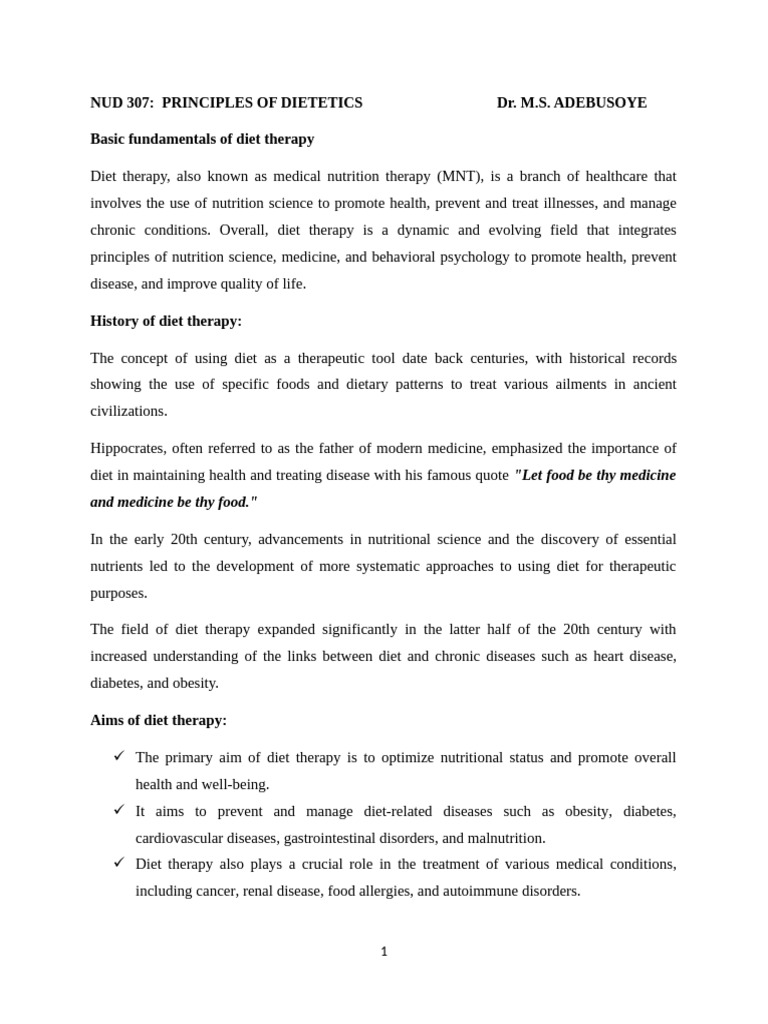 Nud 307-Principles of Dietetics - Lecture Note 2024 | PDF | Dietitian ...