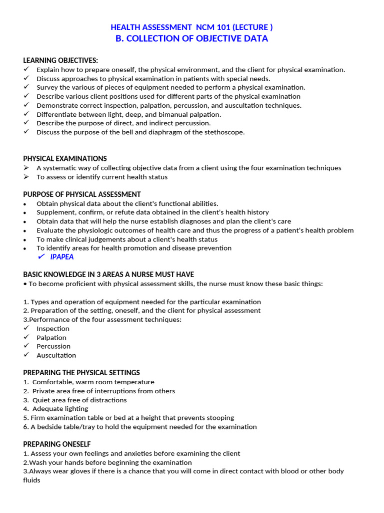 HEALTH ASSESSMENT NCM 101.docx B. OBJECTIVE DATA | PDF | Physical Examination | Anatomical Terms ...