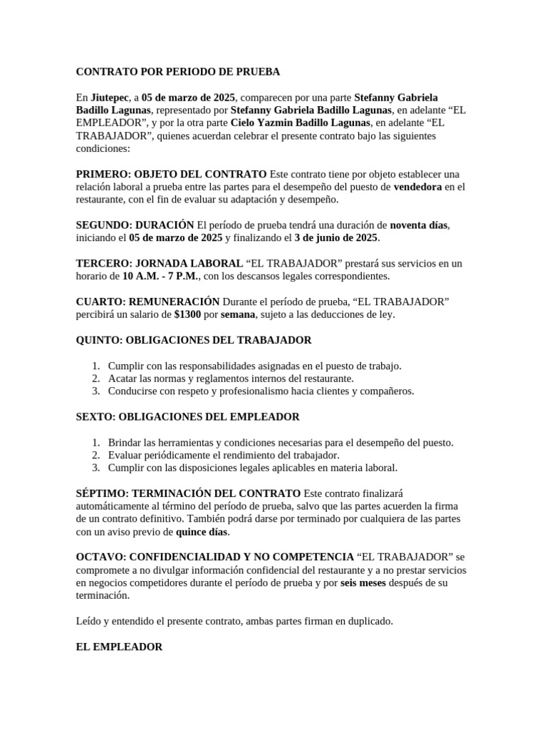 CONTRATO POR PERIODO DE PRUEBA | PDF