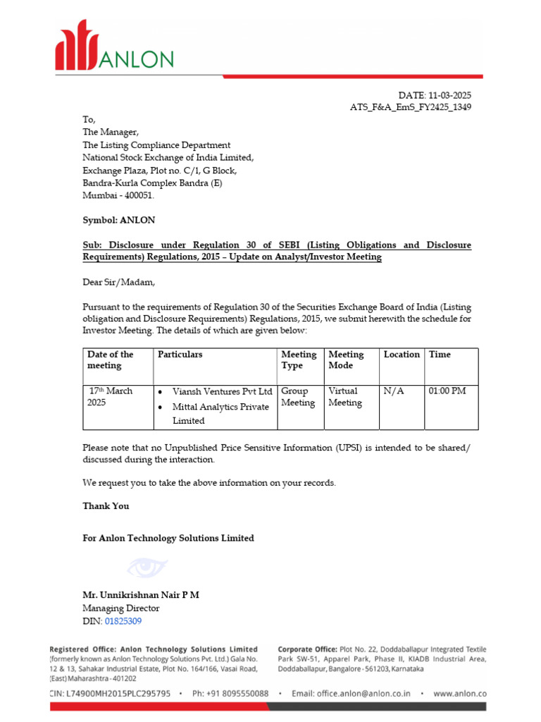ANLON 11032025180309 Regulation 30 INvestor Meet 110325 | PDF