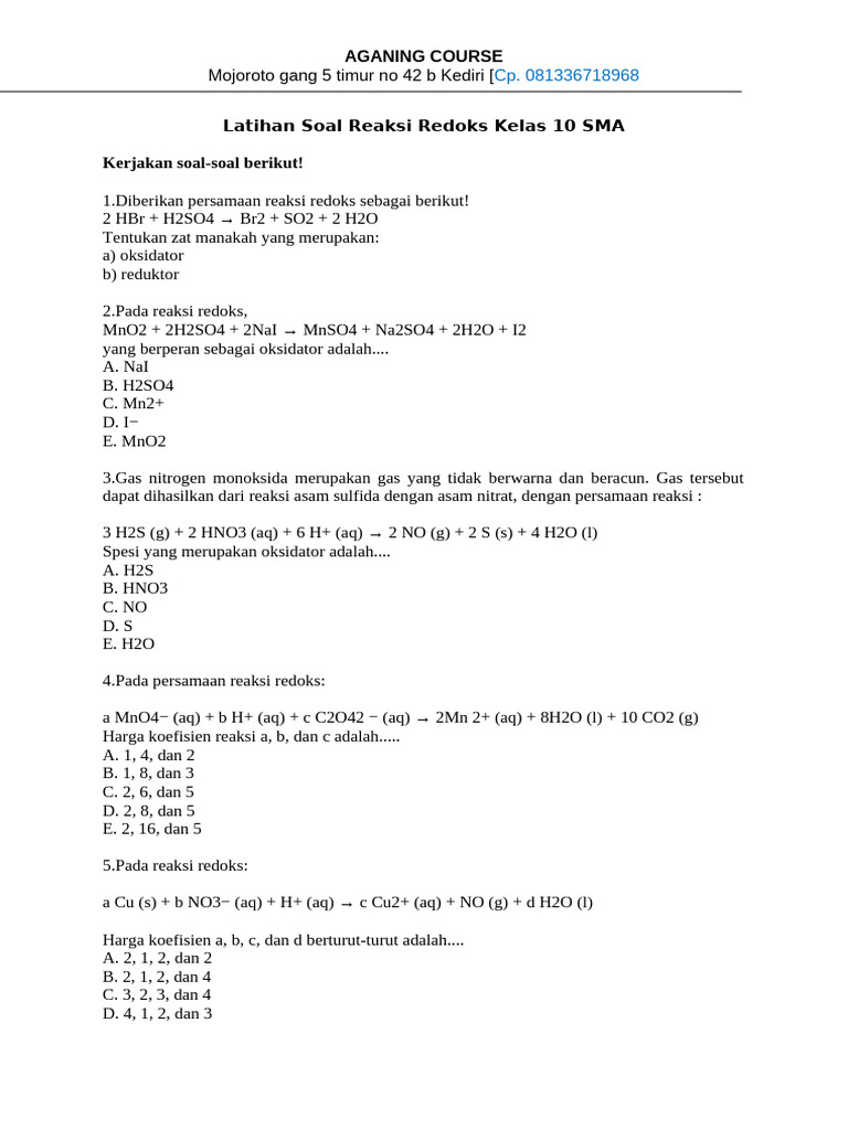 Latihan Soal Reaksi Redoks Kelas 10 SMA | PDF