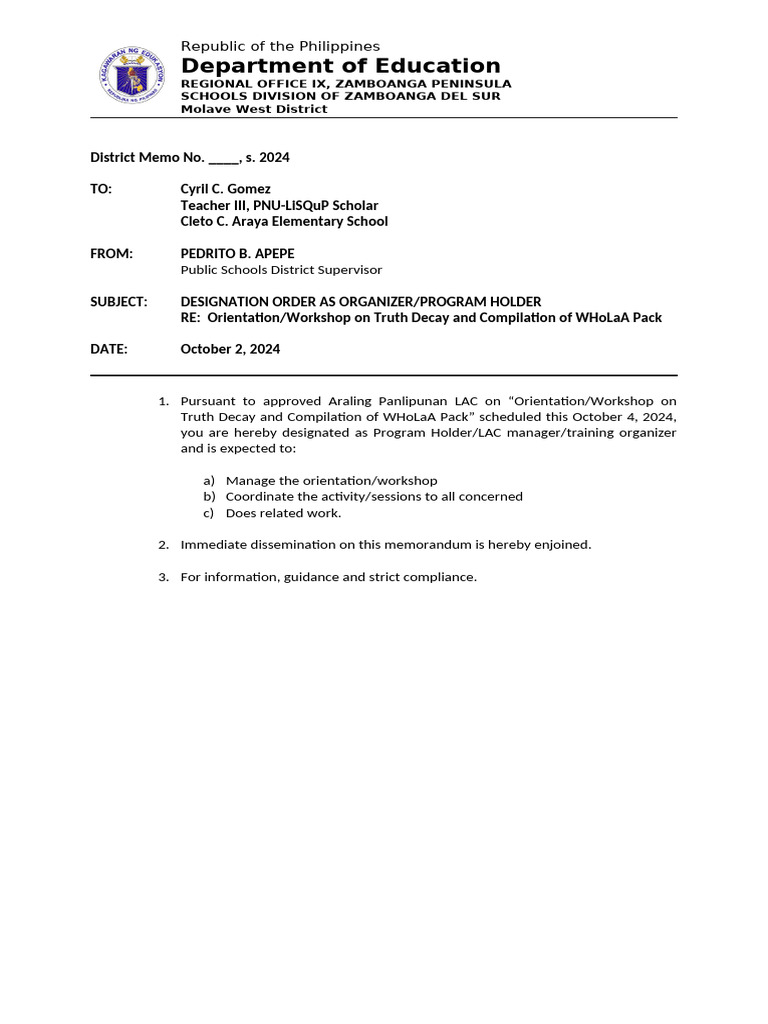 Designation Order As Training Organizer On Arpan LAC | PDF