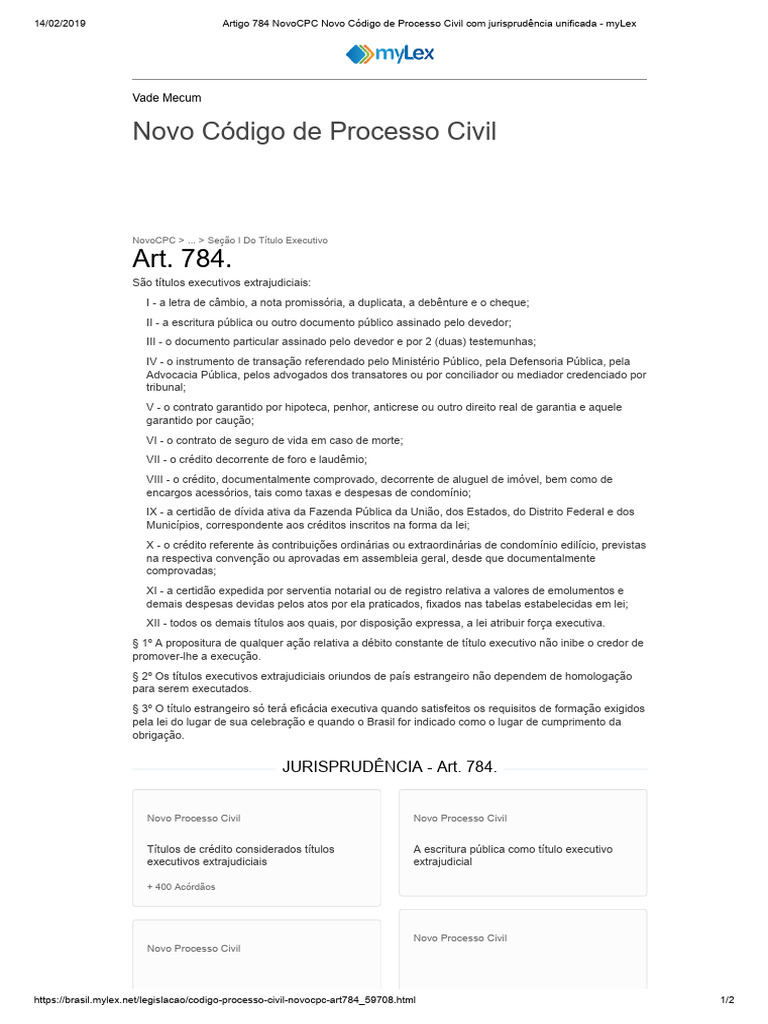 Artigo 784 NovoCPC Novo Código de Processo Civil Com Jurisprudência Unificada | PDF | Processo ...