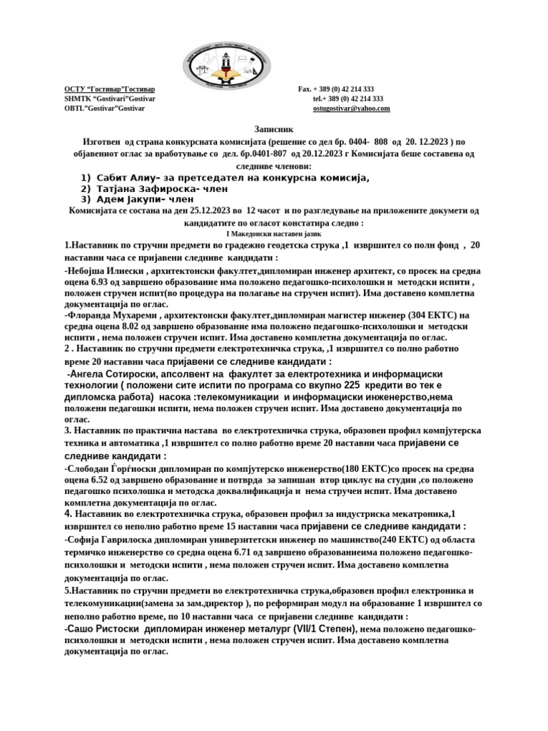 Zapisnik Od Komisijata Za Oglas 2023-24 Samo Na Makedonski 25 - 12 ...