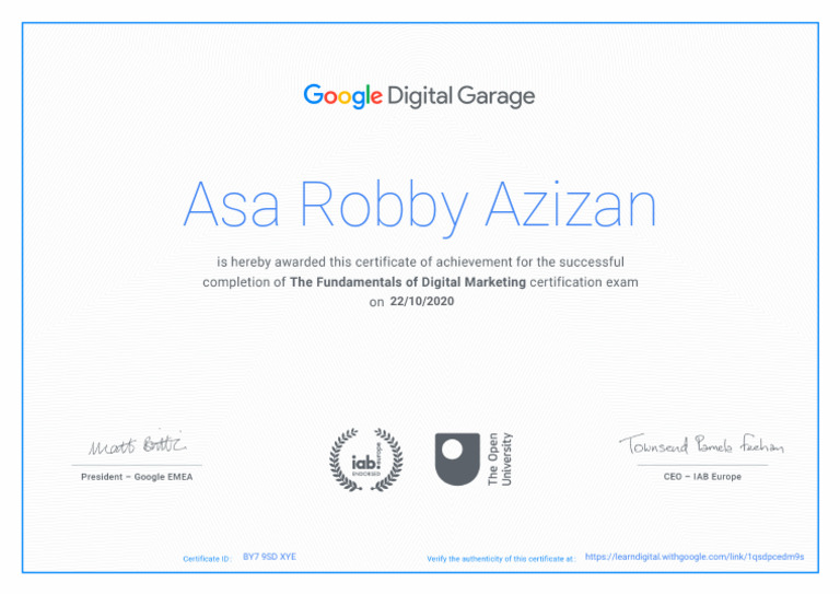 Asa R.A. - Sertifikat Google Digital Garage 2020 | PDF