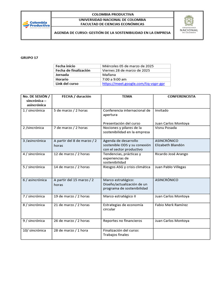 Agenda Curso Sostenibilidad G17 | PDF | Economias