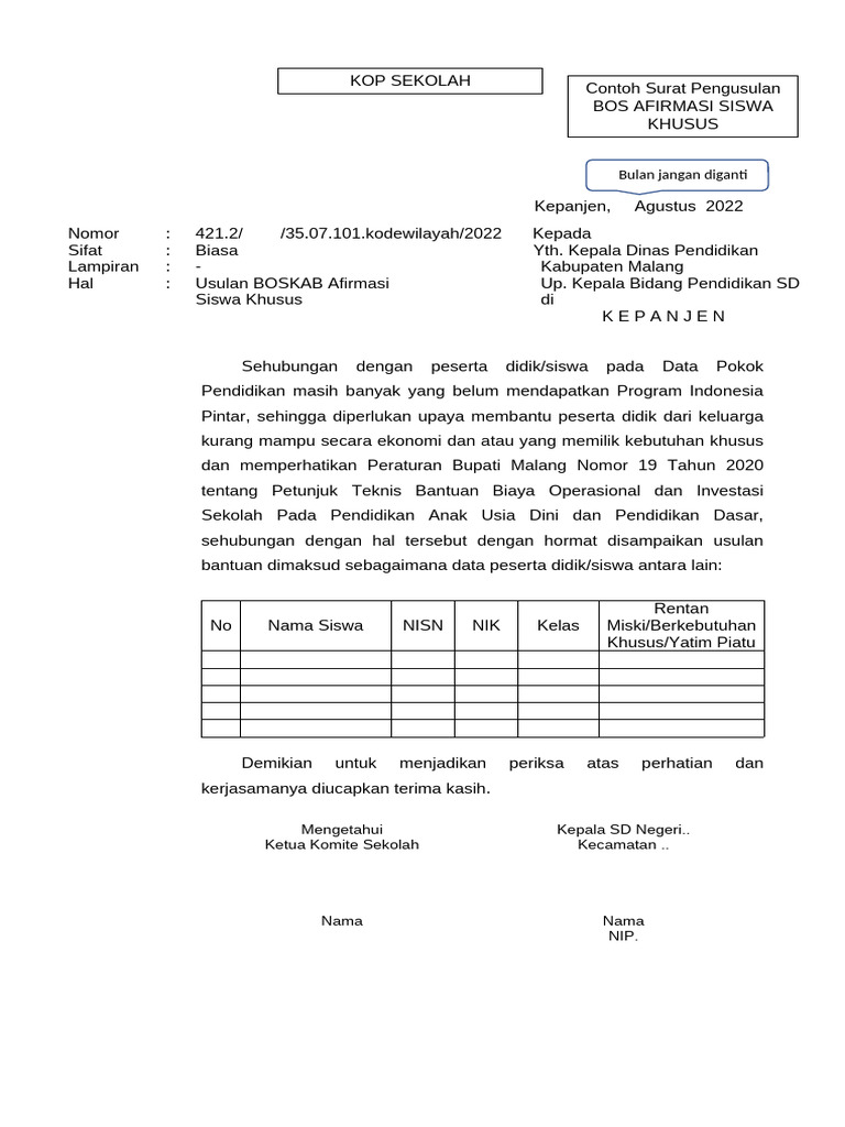 Format Surat Usulan Bantuan Siswa Khusus | PDF