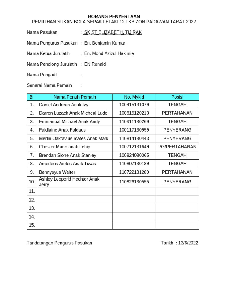 Borang Penyertaan Pemilihan Sukan Bola Sepak 12 TKB Zon Padawan Tarat 2022 (K) | PDF