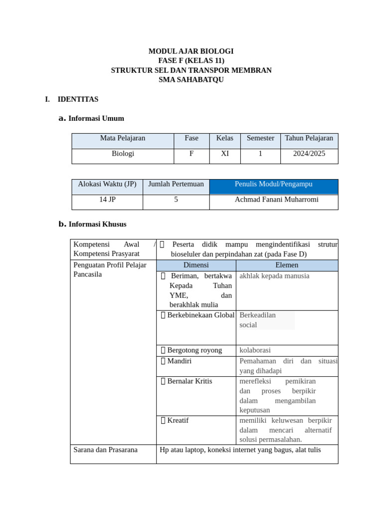 Modul Ajar Struktur Sel | PDF