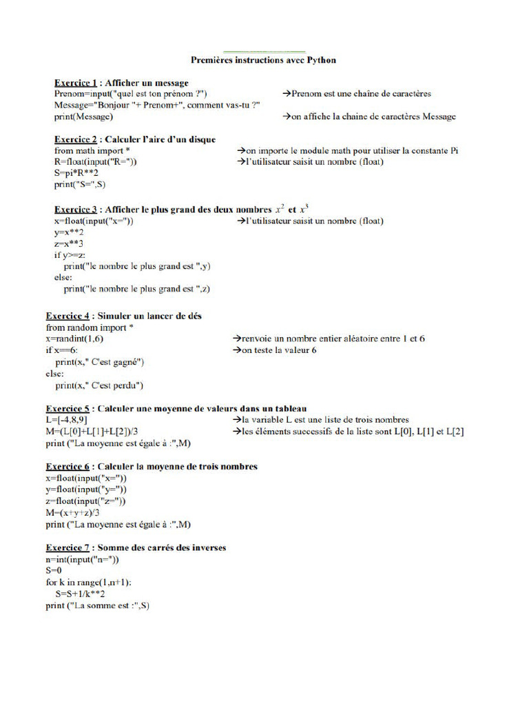 Exercices Premieres Instruction Python | PDF