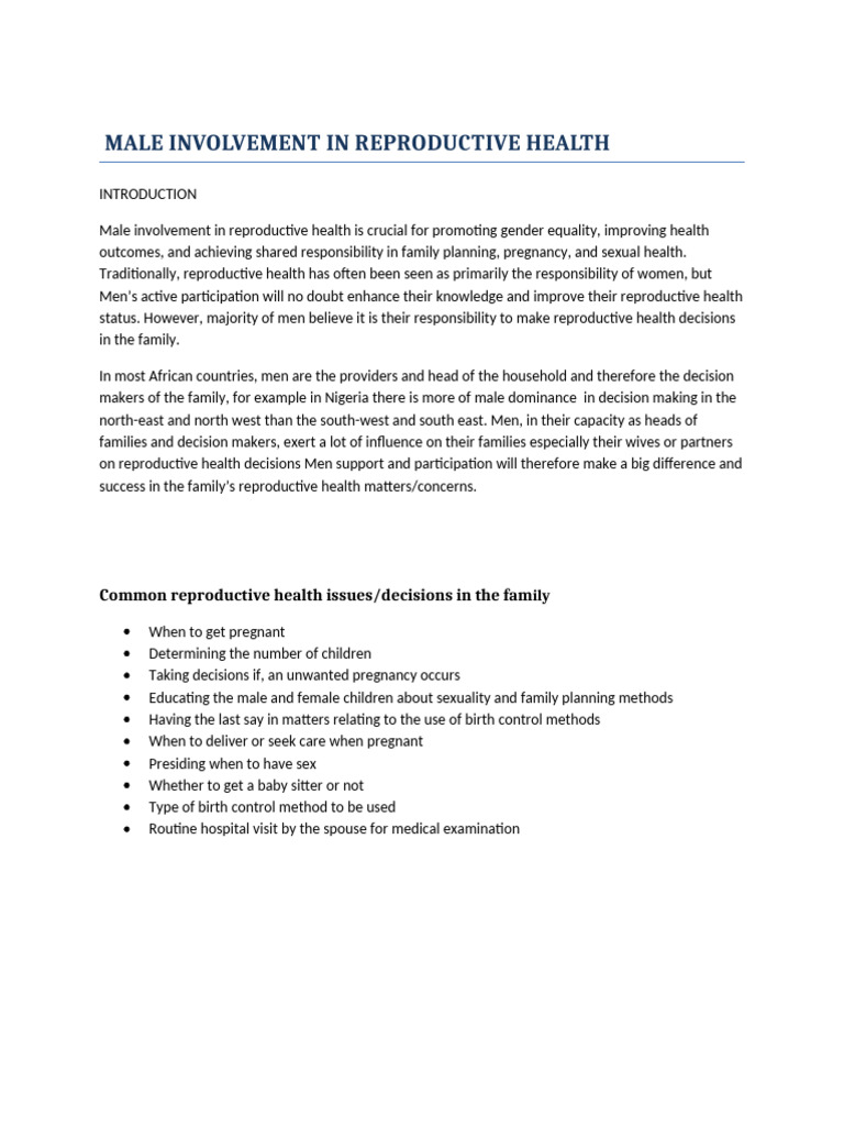 Male Involvement in Reproductive Health | PDF | Family Planning | Family