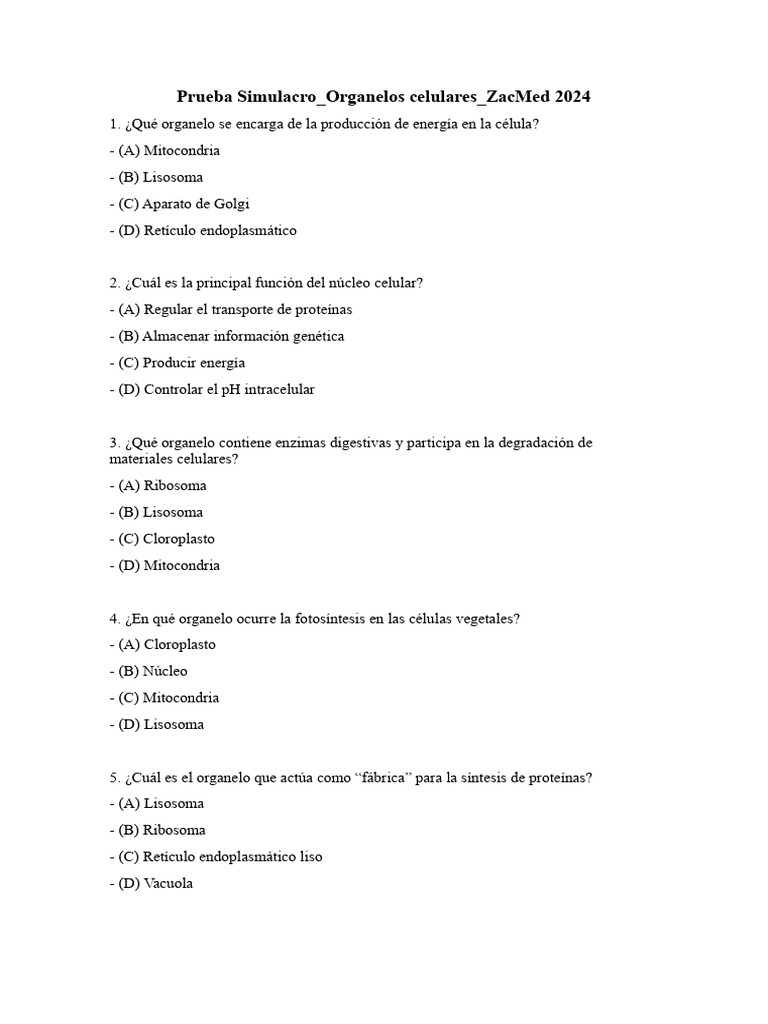 Prueba Simulacro - Organelos Celulares - ZacMed 2024 | PDF | Retículo endoplásmico | Biología ...