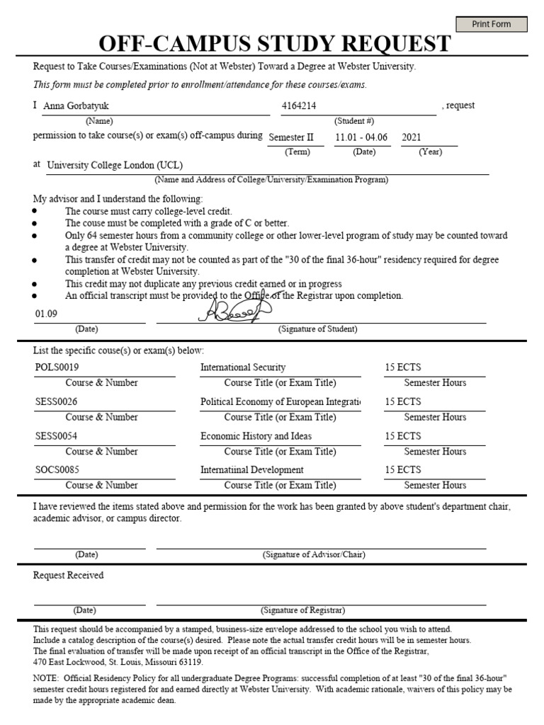 Off Campus Study Request | PDF | Course Credit | Academic Term