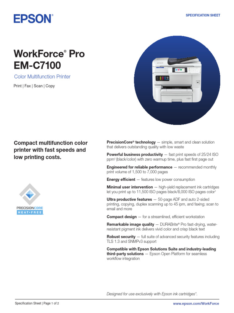 WorkForce Pro EM-C7100 Printer Specification Sheet CPD-65012 | PDF ...