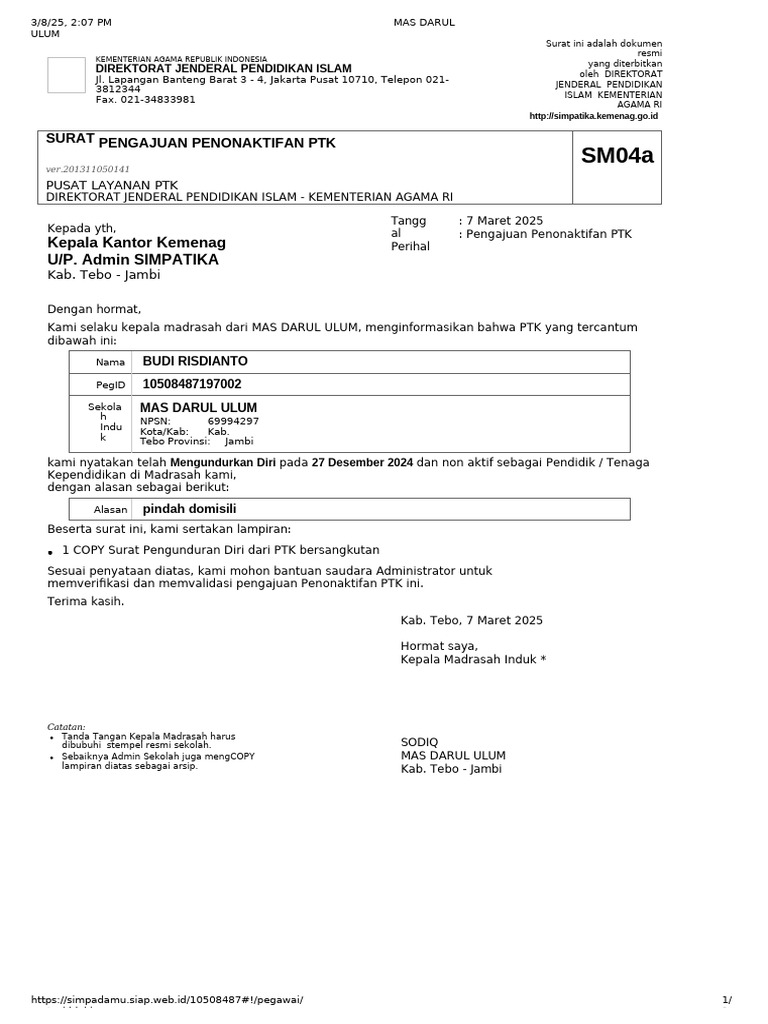 Penonaktifan Akun PTK SIMPATIKA | PDF