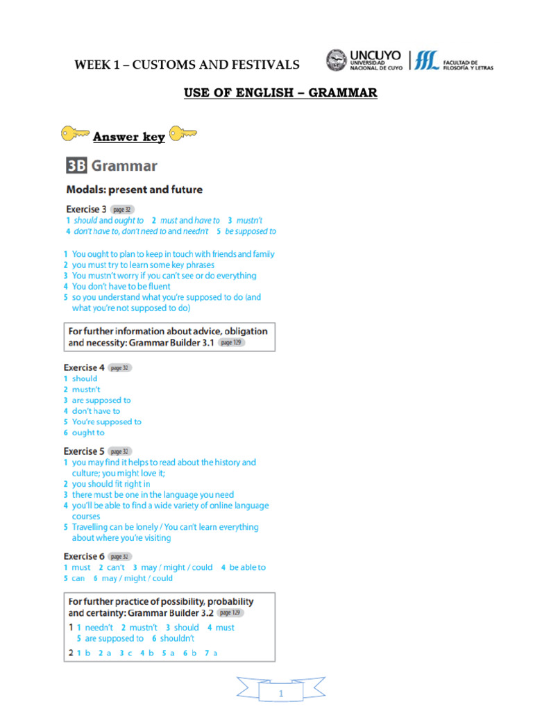 Unit 1 - USE of ENGLISH - Grammar Answer Key | PDF