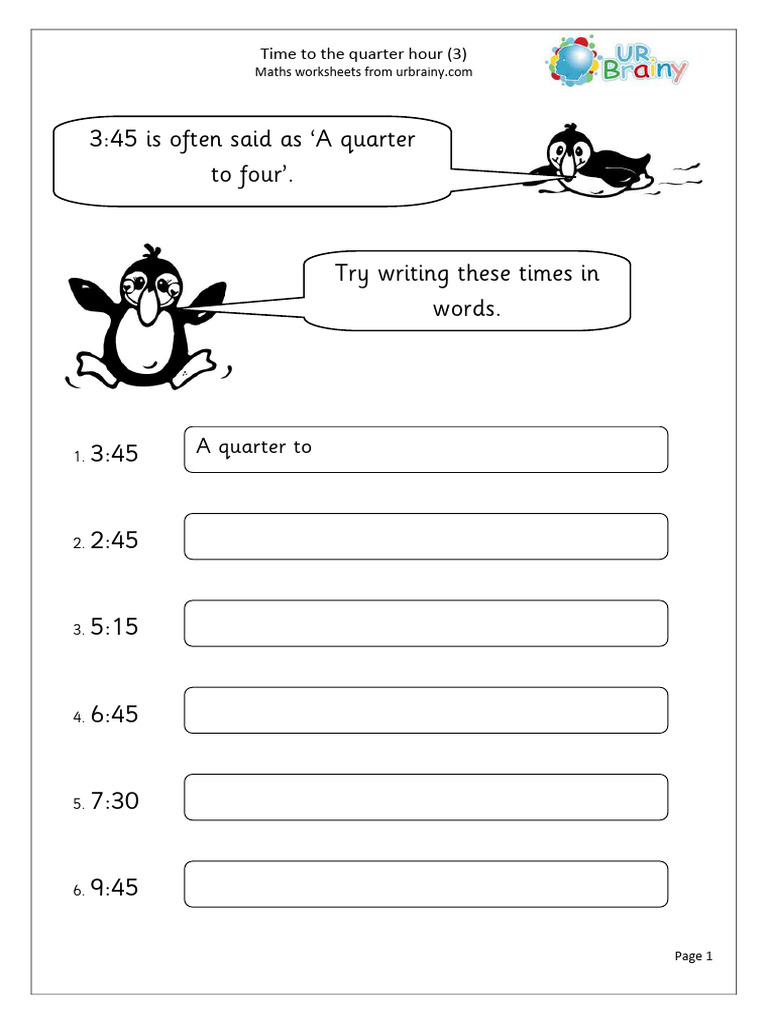 Time to Quarter Hour Worksheets | PDF