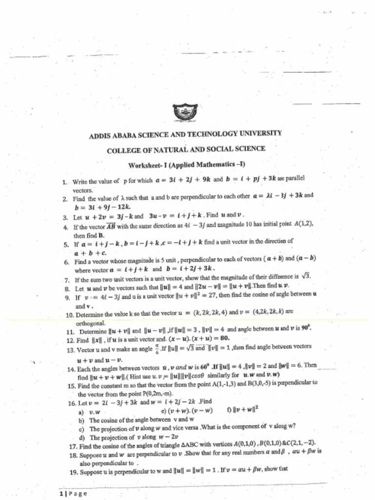 Worksheet (Vector Sace) | PDF