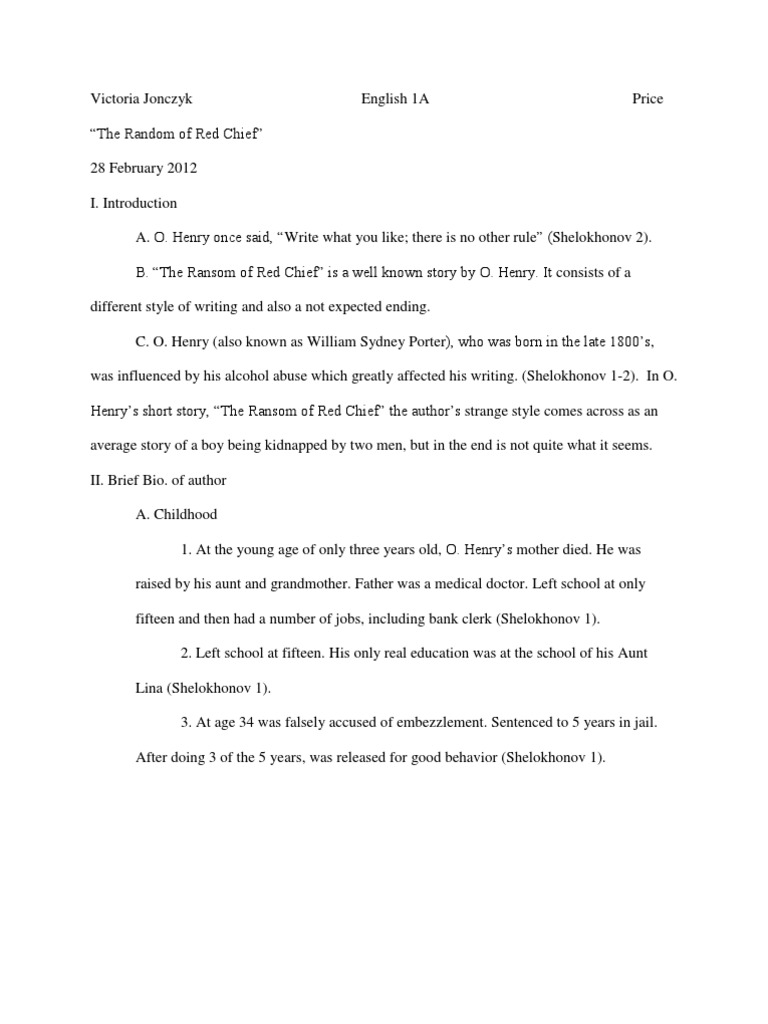 Victoria Ransom of Red Chief Outline | PDF | O. Henry