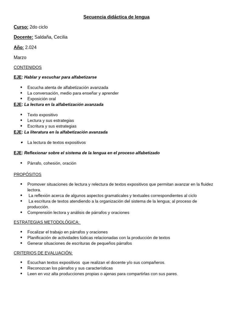 Secuencia Lengua Marzo 2024 | PDF