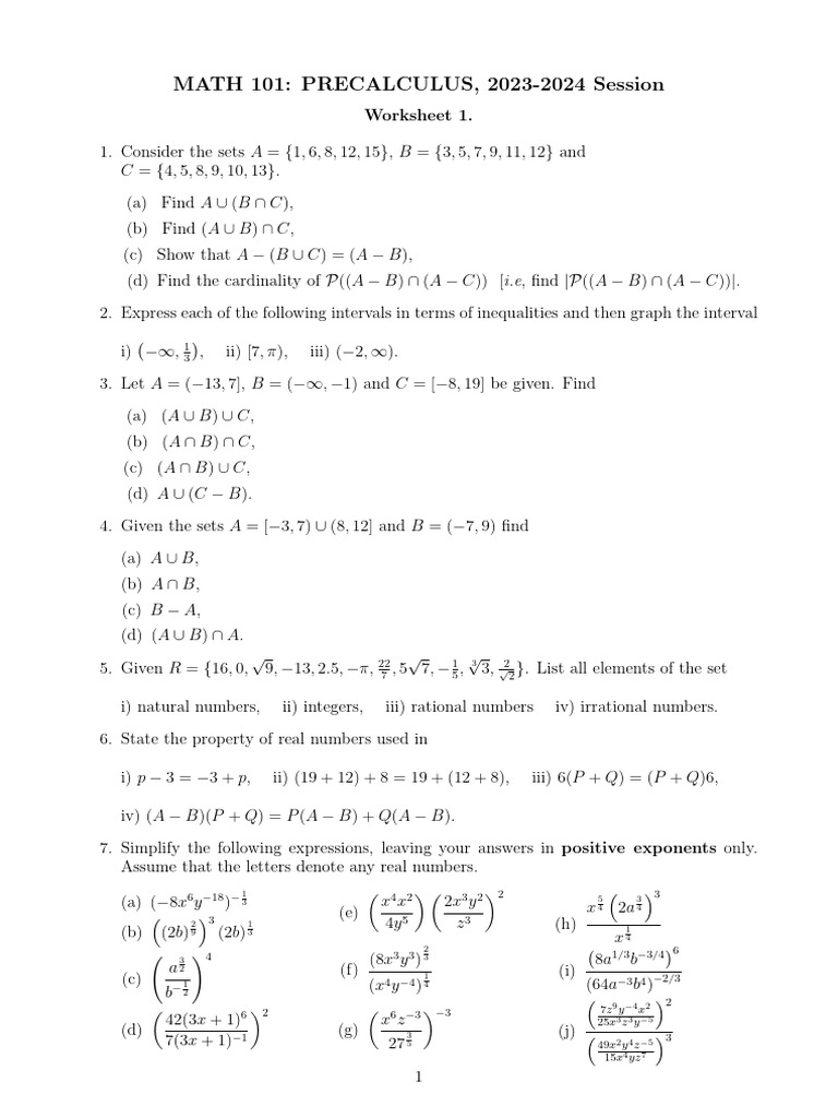 Worksheet 1 August 2023 | PDF | Exponentiation | Real Number