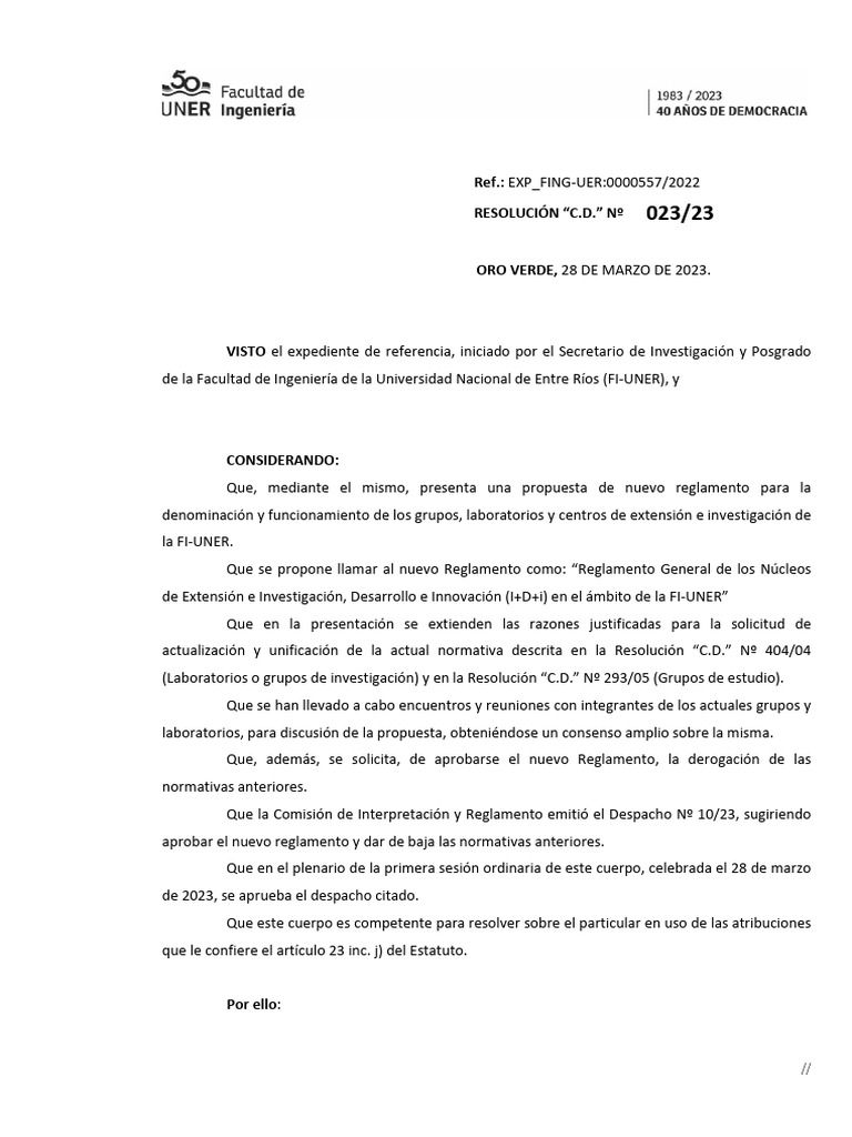 Reglamento - Núcleos I+D+i FIUNER - Resol CS 023-23 | PDF | Planificación