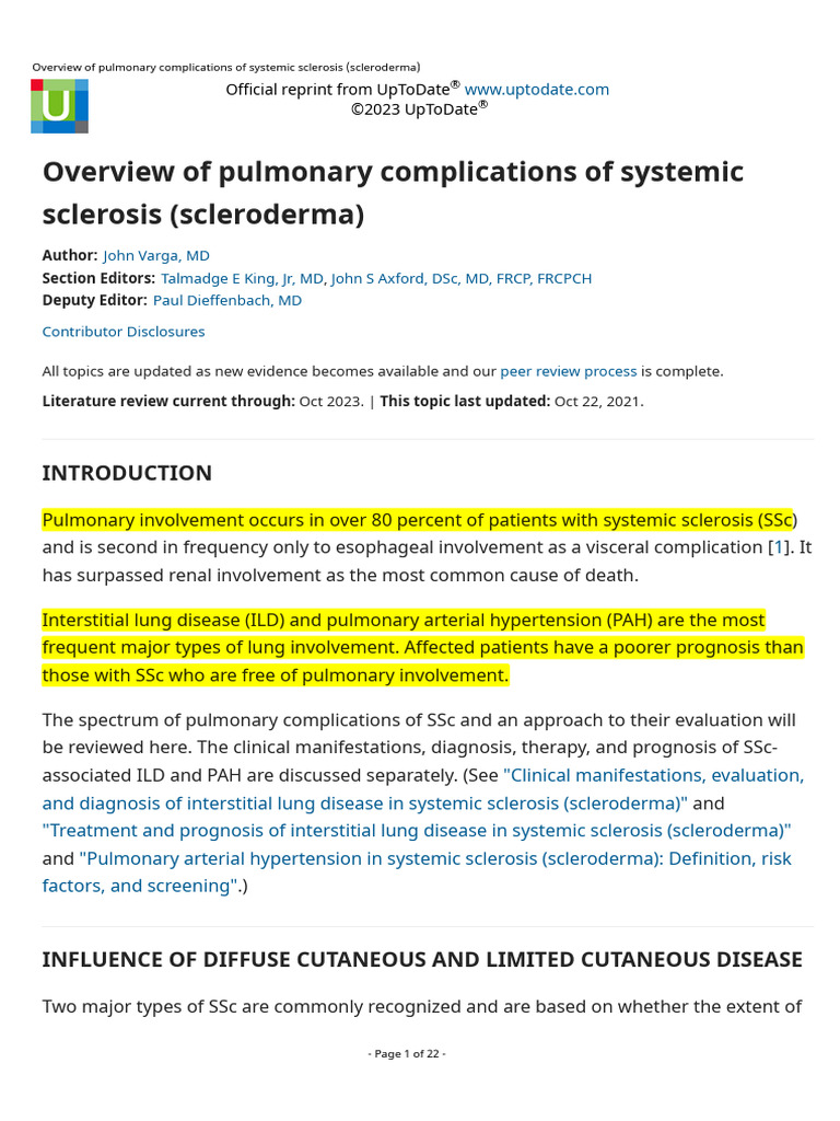 Overview of pulmonary complications of systemic sclerosis (scleroderma ...