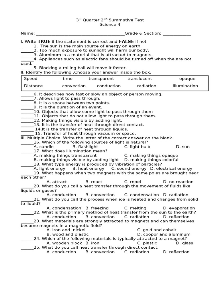 Science 4 Summative Test Q3 | PDF | Heat Transfer | Light