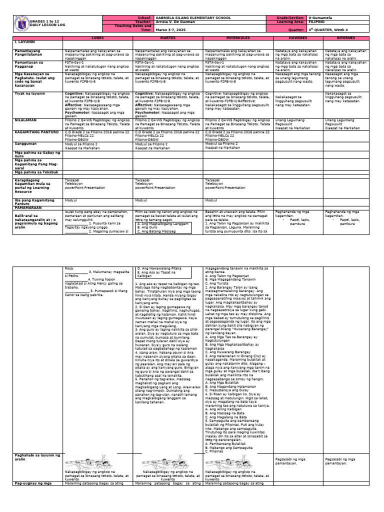 Week 4 DLL FILIPINO 2 Q4 | PDF