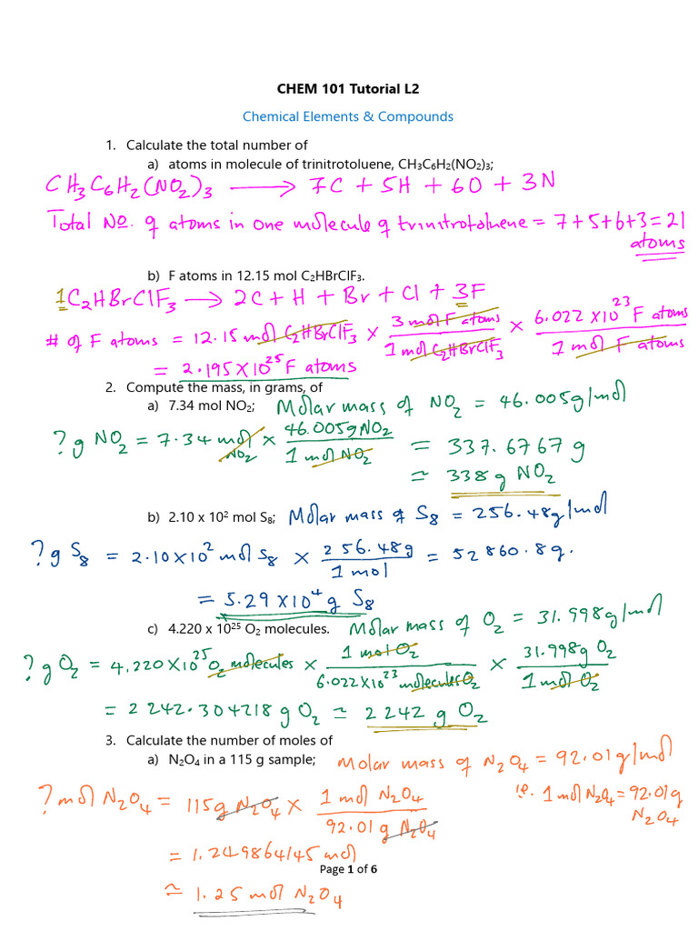 CHEM 101 Tutorial L2_Solutions | PDF | Mole (Unit) | Chemistry