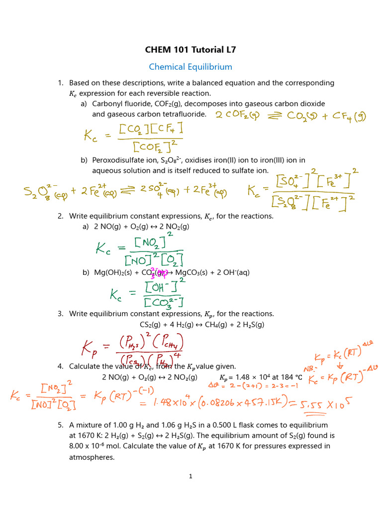 CHEM 101 Tutorial L7 - Solutions | PDF | Chemical Equilibrium ...