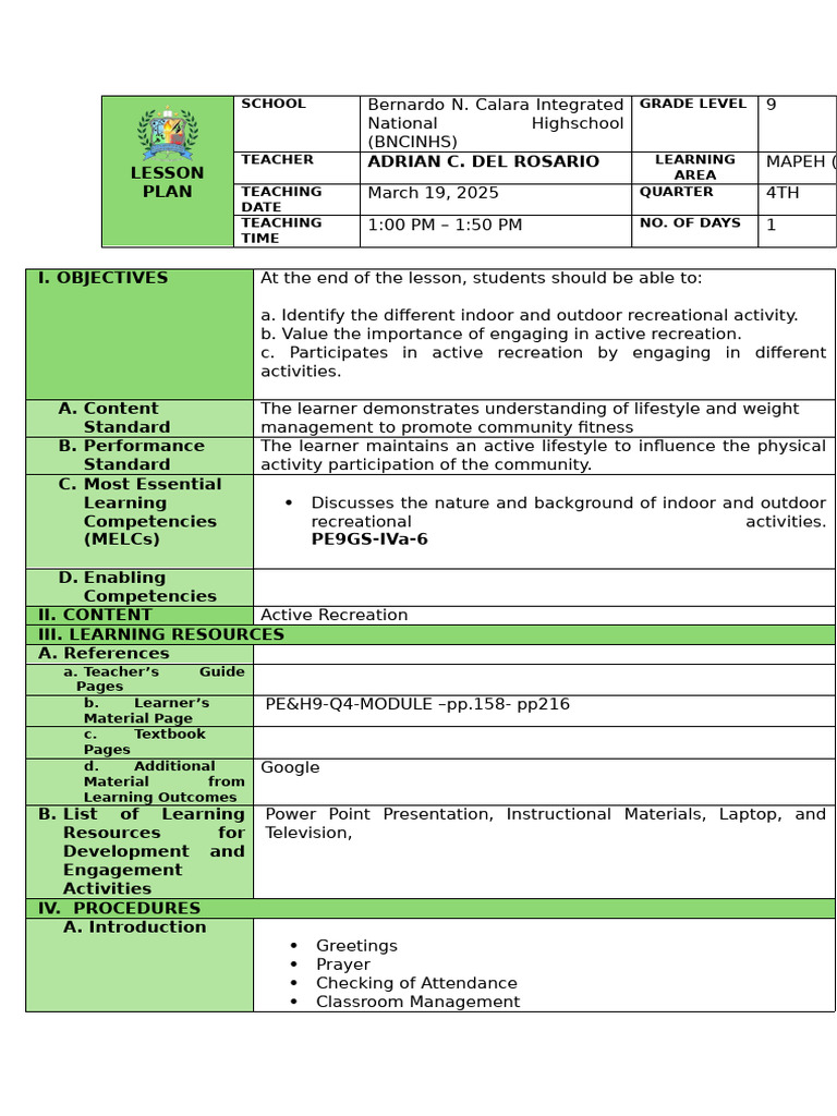 LESSON-EXEMPLAR-GRADE9-MAPEH-HEALTH-1 | PDF | Recreation | Physical Fitness