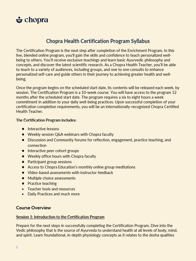 Chopra Health Certification Program Syllabus | PDF | Ayurveda | Meditation