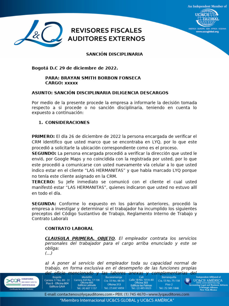 L&Q - Sanción Disciplinaria - Brayan Smith Borbon Fonseca | PDF