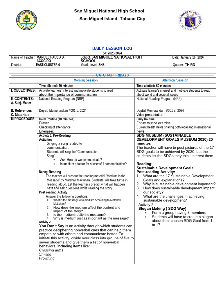 Daily Lesson Log Catch up friday | PDF | Nonverbal Communication ...