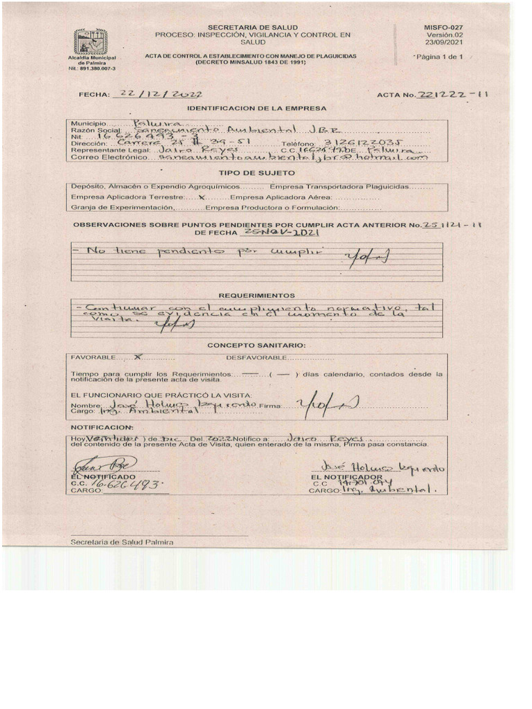 ACTA CONTROL VISITA ESTABLECIMIENTO SALUD PUBLICA | PDF