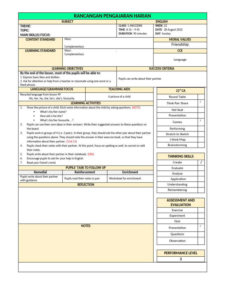 RPH ENG Y1A - W22 | PDF | Teachers | Communication