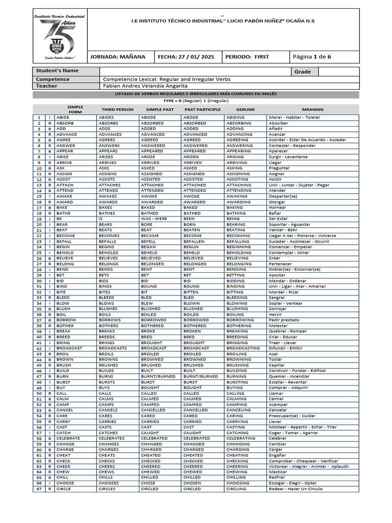 Handout Regular and Irregular Verbs | PDF | Semantic Units | Language Mechanics