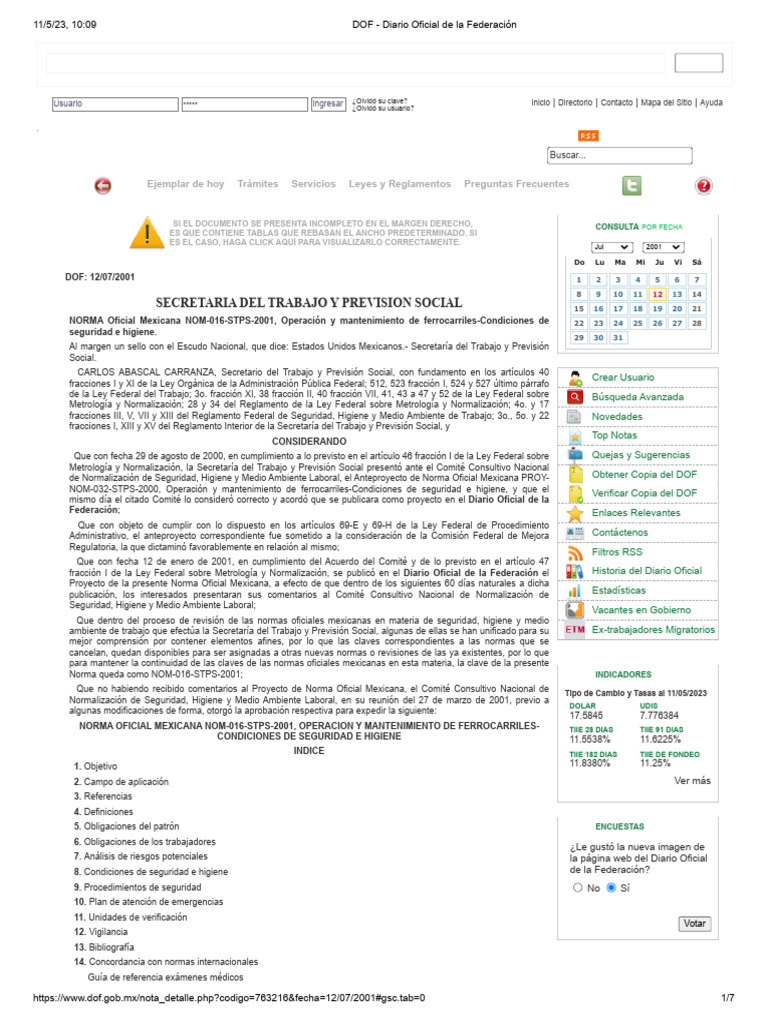 NOM-016-STPS-2001, Operación y Mantenimiento de Ferrocarriles ...
