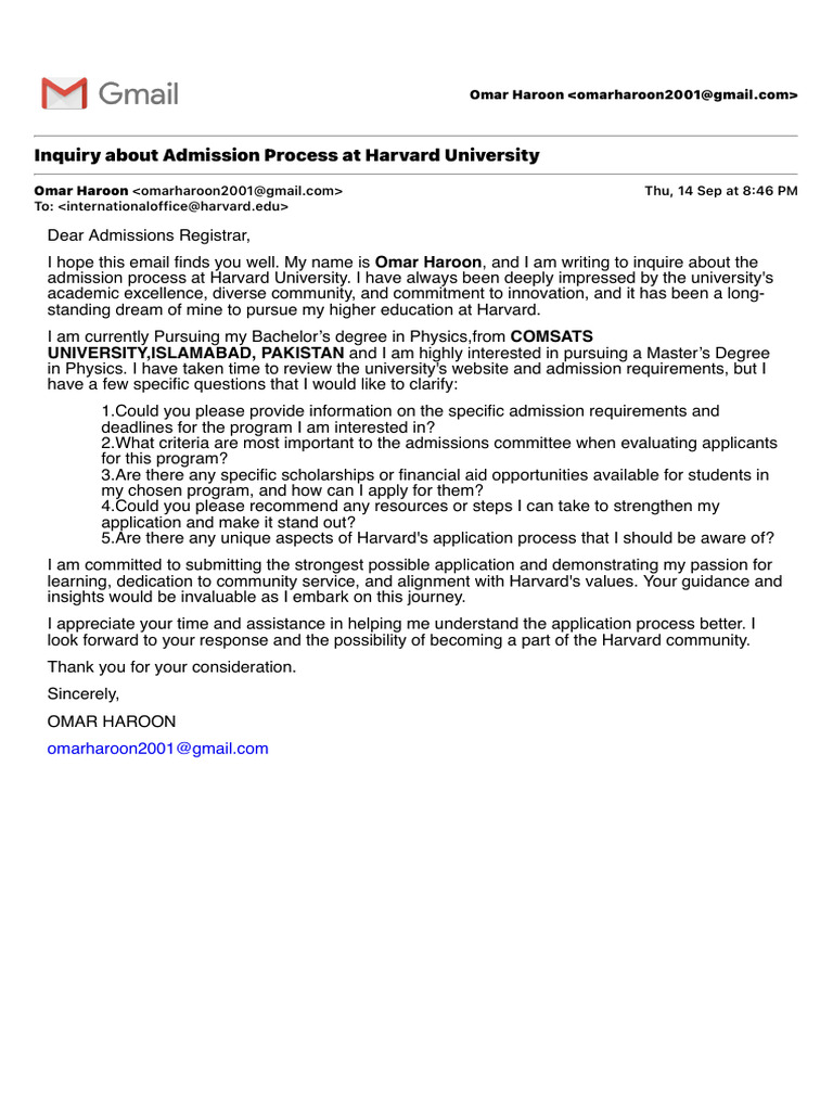 Inquiry on Harvard Admission Process | PDF