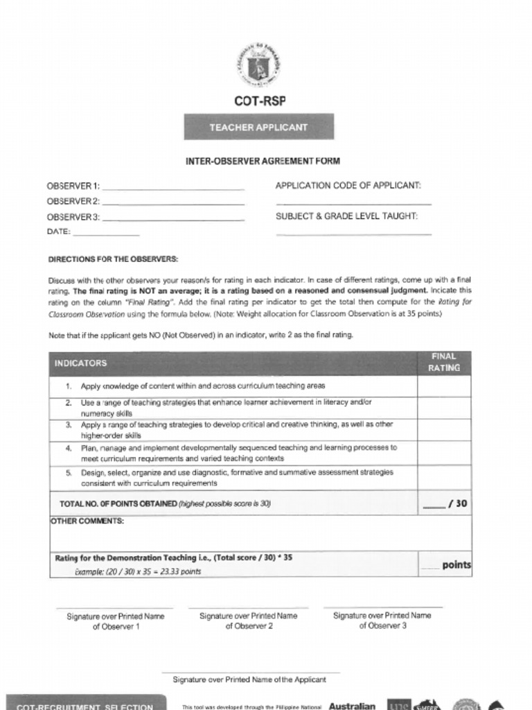 Inter Observer Agreement Form | PDF
