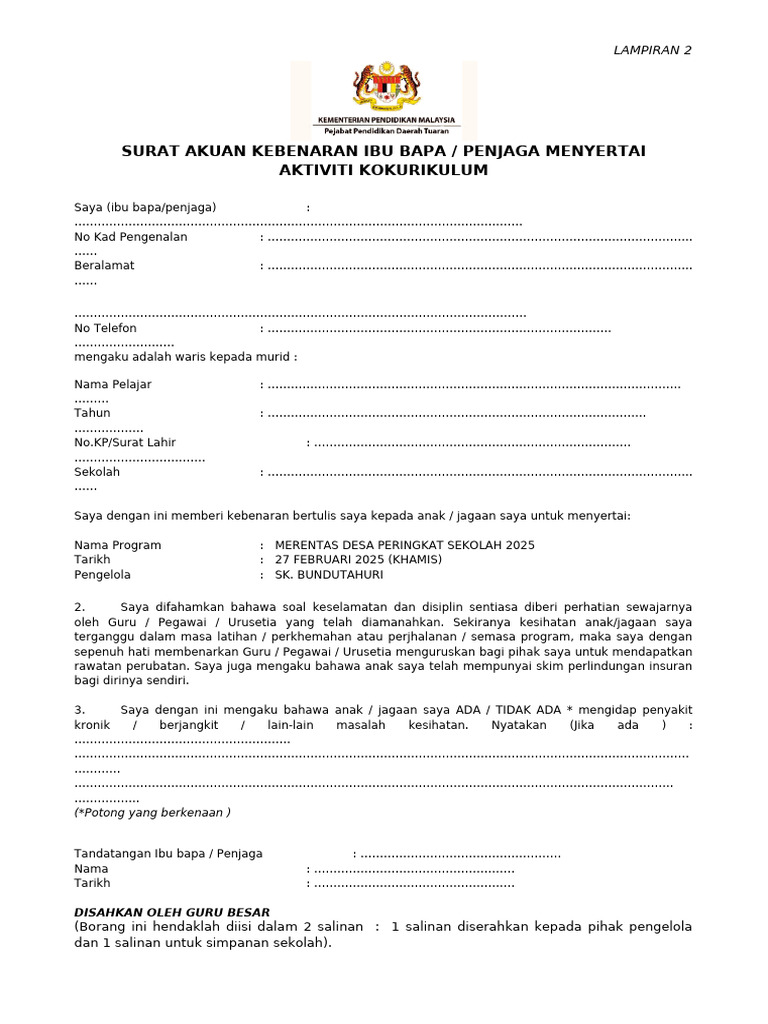 Borang Kebenaran Ibu Bapa (MERENTAS DESA) 2025 | PDF