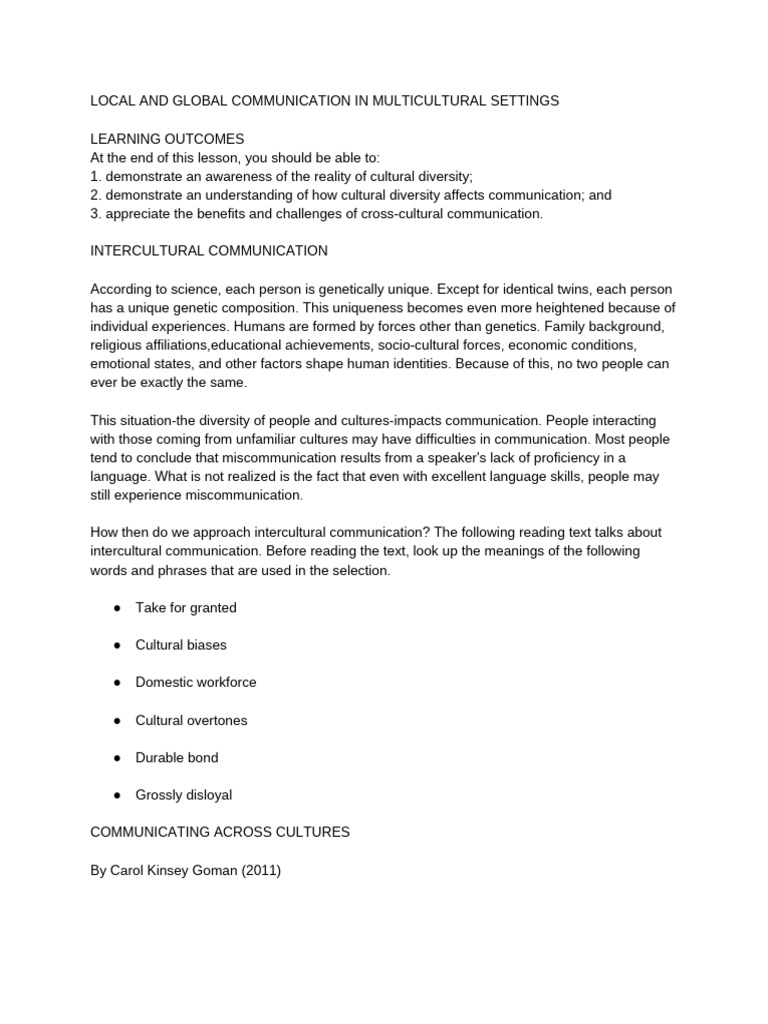 Local and Global Communication in Multicultural Settings | PDF | Communication | Emotions