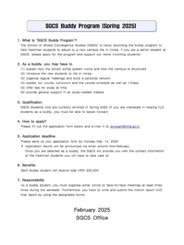 SGCS Buddy Program For Spring 2025 | PDF