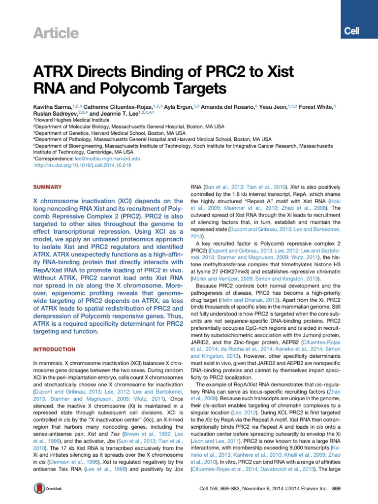 ATRX Directs Binding of PRC2 To Xist RNA and Polycomb Targets - 2014 ...
