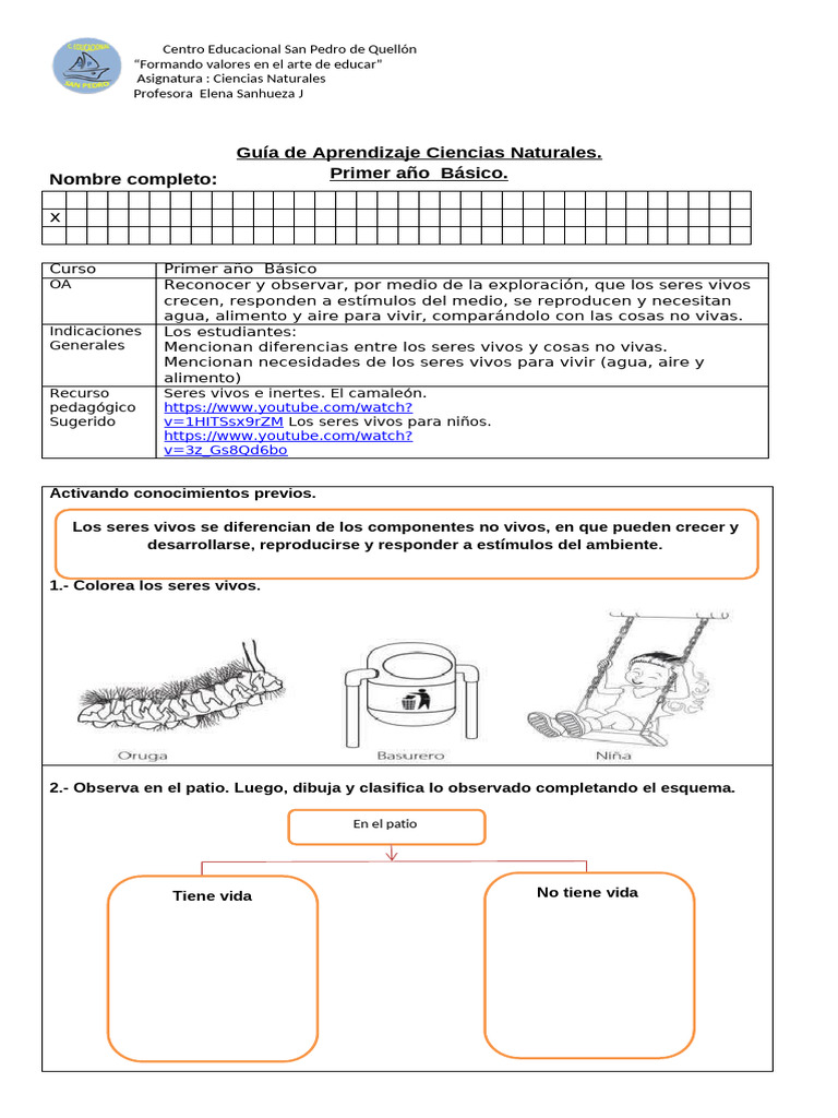 Primero.-Ciencias Seres Vivos e Inertes Guia 12 Marzo | PDF