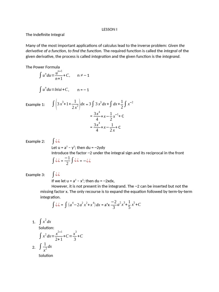Indefinite Integral Calculus Lessons | PDF | Integral | Mathematical ...