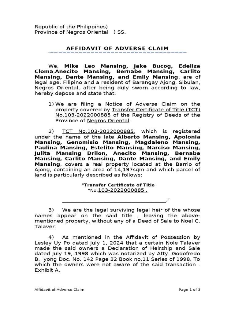 252360637-Affidavit-of-Adverse-Claim - Mansing | PDF | Affidavit | Natural Resources Law
