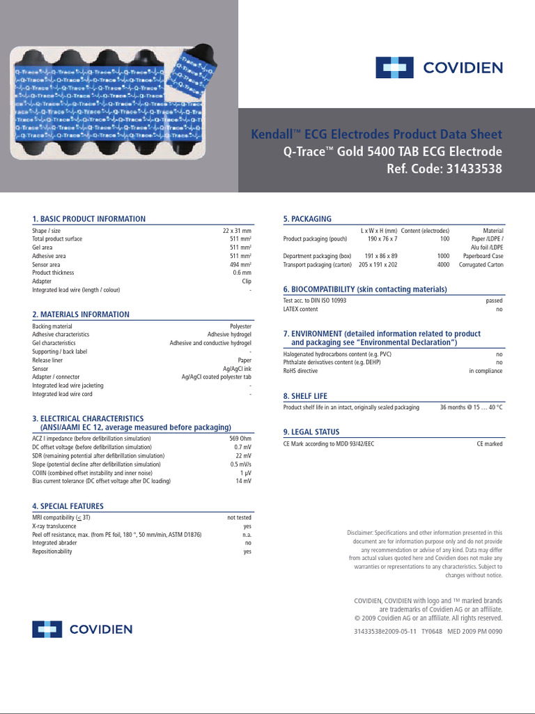 Kendall ECG Electrode Data Sheet | PDF | Electricity | Electrical ...