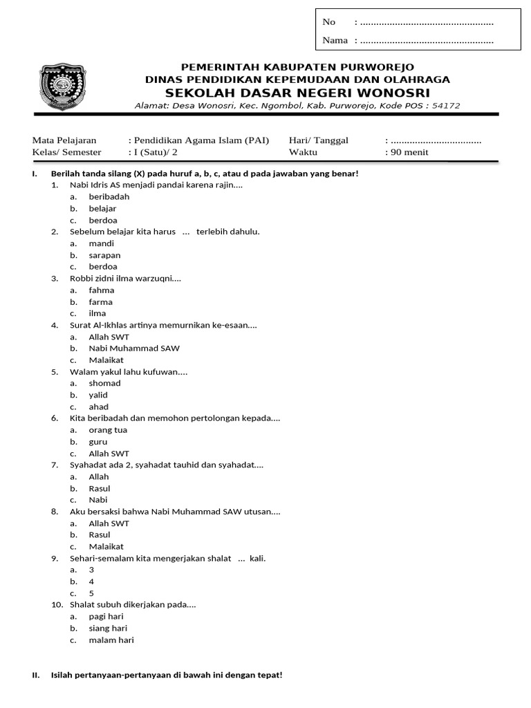 SOAL PAT PAI KELAS 1 | PDF